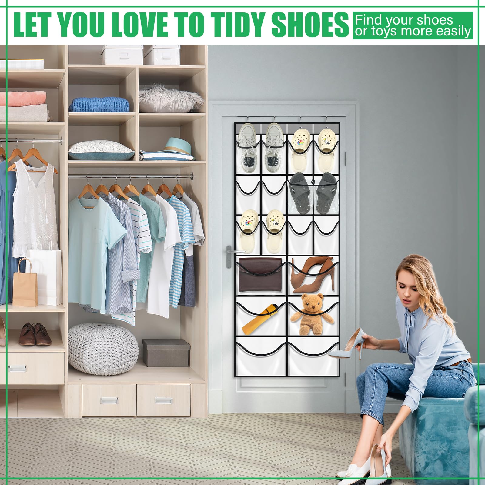 Windyun 2 Pcs 36 Pockets over Door Shoe Organizer Large Hanging Clear Shoes Holder with Hooks for Shoes Sneakers Closet Bedroom, Each with 12 Mesh Pockets and 6 Large Mesh Storage Various Compartments