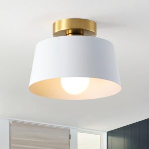 binobro modern semi flush mount ceiling light with gold plate and matte white shade, farmhouse ceiling light fixture for kitchen island dining room foyer hallway porch barn loft，10in (white)