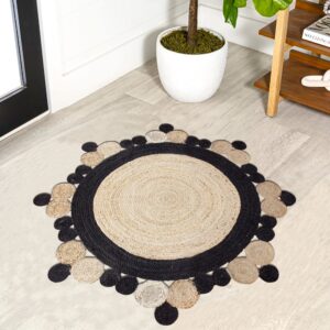 casavani collection circle area rug - 10 ft' round black natural jute mat geometric kilim rug indoor outdoor use mat flatweave rugs for bedroom bedside round dining table mat hall & kitchen