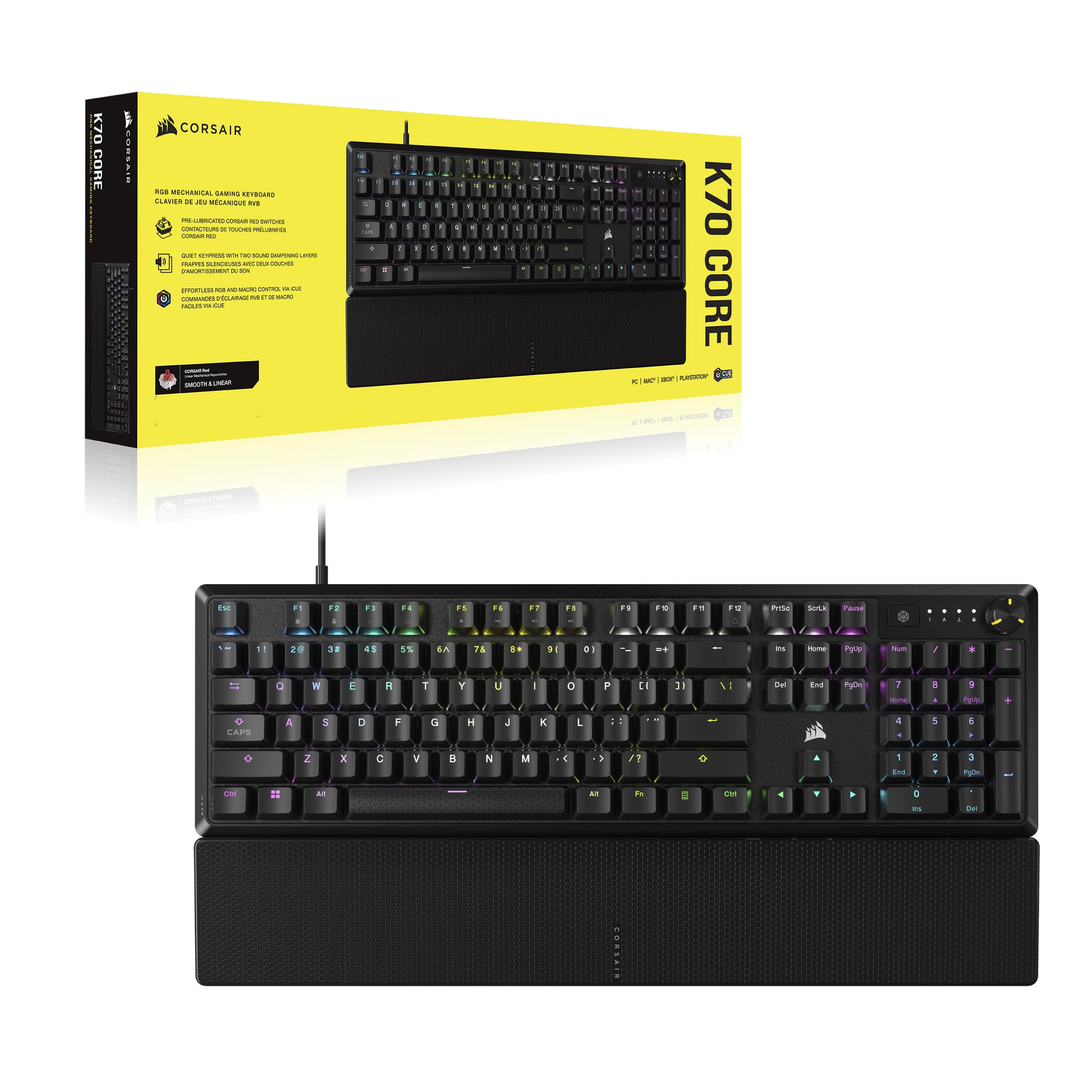 CORSAIR K70 CORE RGB Mechanical Gaming Keyboard with Palmrest - Pre-lubricated Corsair MLX Red Linear Keyswitches - Sound Dampening - Media Control Dial - iCUE Compatible - QWERTY NA Layout - Black