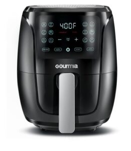 gourmia air fryer oven digital display 4 quart large airfryer cooker 12 1-touch cooking presets, black and stainless steel accents fry force gaf486