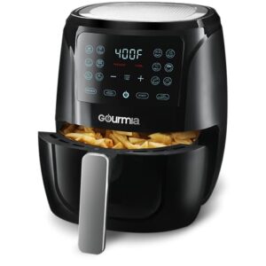 Gourmia Air Fryer Oven Digital Display 4 Quart Large AirFryer Cooker 12 1-Touch Cooking Presets, Black and Stainless Steel Accents Fry Force GAF486