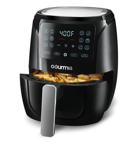 Gourmia Air Fryer Oven Digital Display 4 Quart Large AirFryer Cooker 12 1-Touch Cooking Presets, Black and Stainless Steel Accents Fry Force GAF486