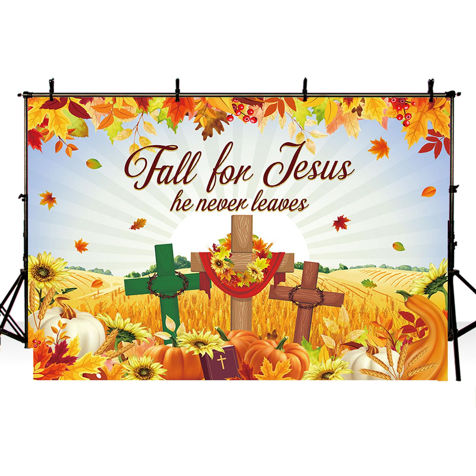 MEHOFOND 10x7ft Fall for Jesus Backdrop Pumpkin Autumn Decorations Banner Maple Leaf Bible Decoration Christian Religion Polyester Background Thanksgiving Party Supplies Autumn Photo Booth Props