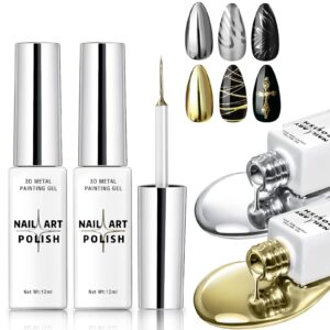 newbang 2x12ml metallic painting nail gel liner polish, 3d metal mirror effect painted drawing nail gel with build in thin brush glossy chrome gel soak off uv/led nail art manicure set #silver&gold