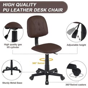 VECELO Small Computer Task Chairs NO-Armrests PU Leather Low-Backrest,with 360°Quiet Swivels Adjustable Height for Home Office Study Rooms,Coffee,Set of 2