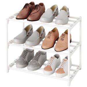 tauehr small stackable shoe rack,narrow kids shoe stand,metal shoe storage shelf for 6-8 pairs of shoes entryway and closet hallway (3-tier, white)