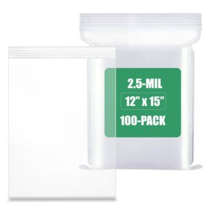 100-count, (12" x 15") - 2.5 mil thickness clear zipper reclosable bag, zip bags, ultra heavy duty lock seal poly plastic bags for prints, photos, documents, clothing, t-shirt