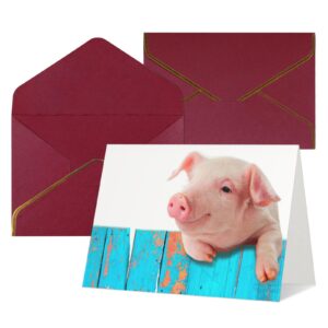 funny pig hanging on fence thank you cards with envelopes, blank greeting note cards with envelopes blank inside, funny birthday cards for women men, thank you card for wedding business,graduation