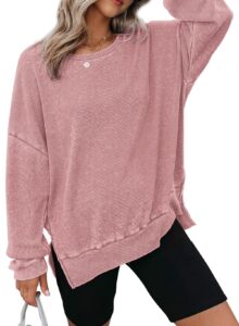 dokotoo womens waffle knit oversized crewneck sweatshirt for women trendy side split long sleeve pullover high low slouchy fit casual cute sweatshirts tops fall outfits clothes 2024 pink medium