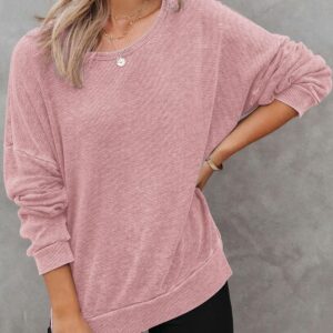 Dokotoo Womens Waffle Knit Oversized Crewneck Sweatshirt for Women Trendy Side Split Long Sleeve Pullover High Low Slouchy Fit Casual Cute Sweatshirts Tops Fall Outfits Clothes 2024 Pink Medium