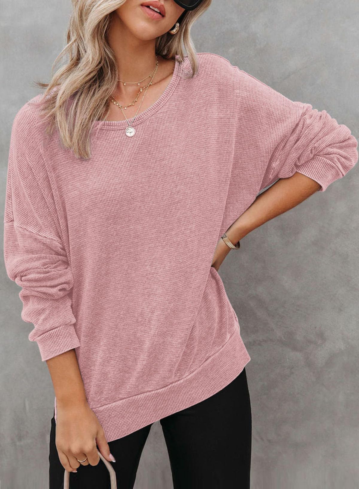 Dokotoo Womens Waffle Knit Oversized Crewneck Sweatshirt for Women Trendy Side Split Long Sleeve Pullover High Low Slouchy Fit Casual Cute Sweatshirts Tops Fall Outfits Clothes 2024 Pink Medium