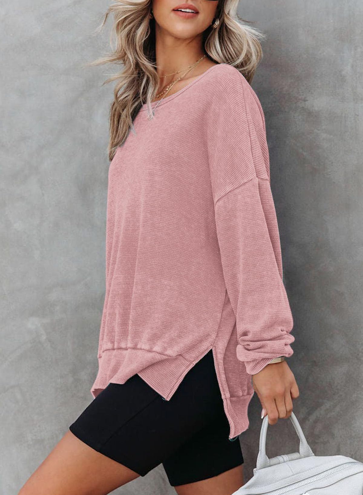 Dokotoo Womens Waffle Knit Oversized Crewneck Sweatshirt for Women Trendy Side Split Long Sleeve Pullover High Low Slouchy Fit Casual Cute Sweatshirts Tops Fall Outfits Clothes 2024 Pink Medium