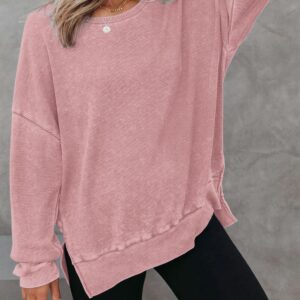 Dokotoo Womens Waffle Knit Oversized Crewneck Sweatshirt for Women Trendy Side Split Long Sleeve Pullover High Low Slouchy Fit Casual Cute Sweatshirts Tops Fall Outfits Clothes 2024 Pink Medium