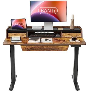 banti height adjustable electric standing desk with three drawers, 48 x 25 inch table with storage shelf, sit stand desk with storage space, splice board with black frame/rustic brown top