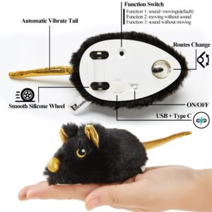 Vealind Cat Toys Rechargeable Mouse with Wagging Tail, Lifelike Squeak Chirping Electronic Mice for Indoor Cats, USB Touch Activated Kitten Toys (Black)