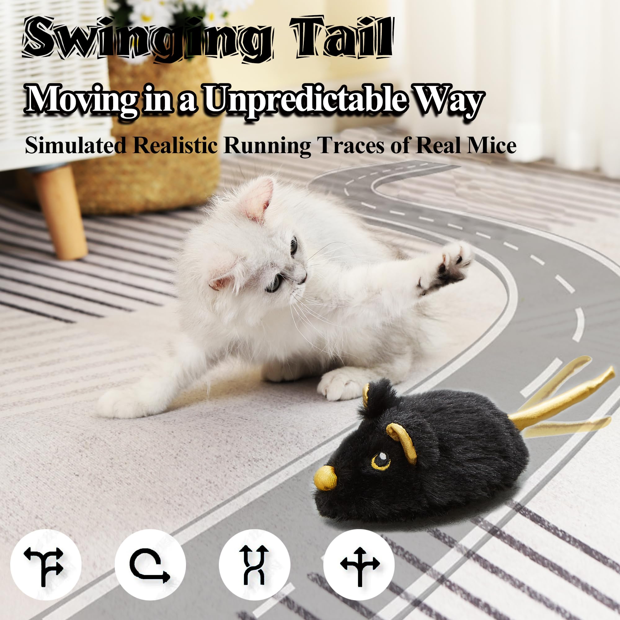 Vealind Cat Toys Rechargeable Mouse with Wagging Tail, Lifelike Squeak Chirping Electronic Mice for Indoor Cats, USB Touch Activated Kitten Toys (Black)