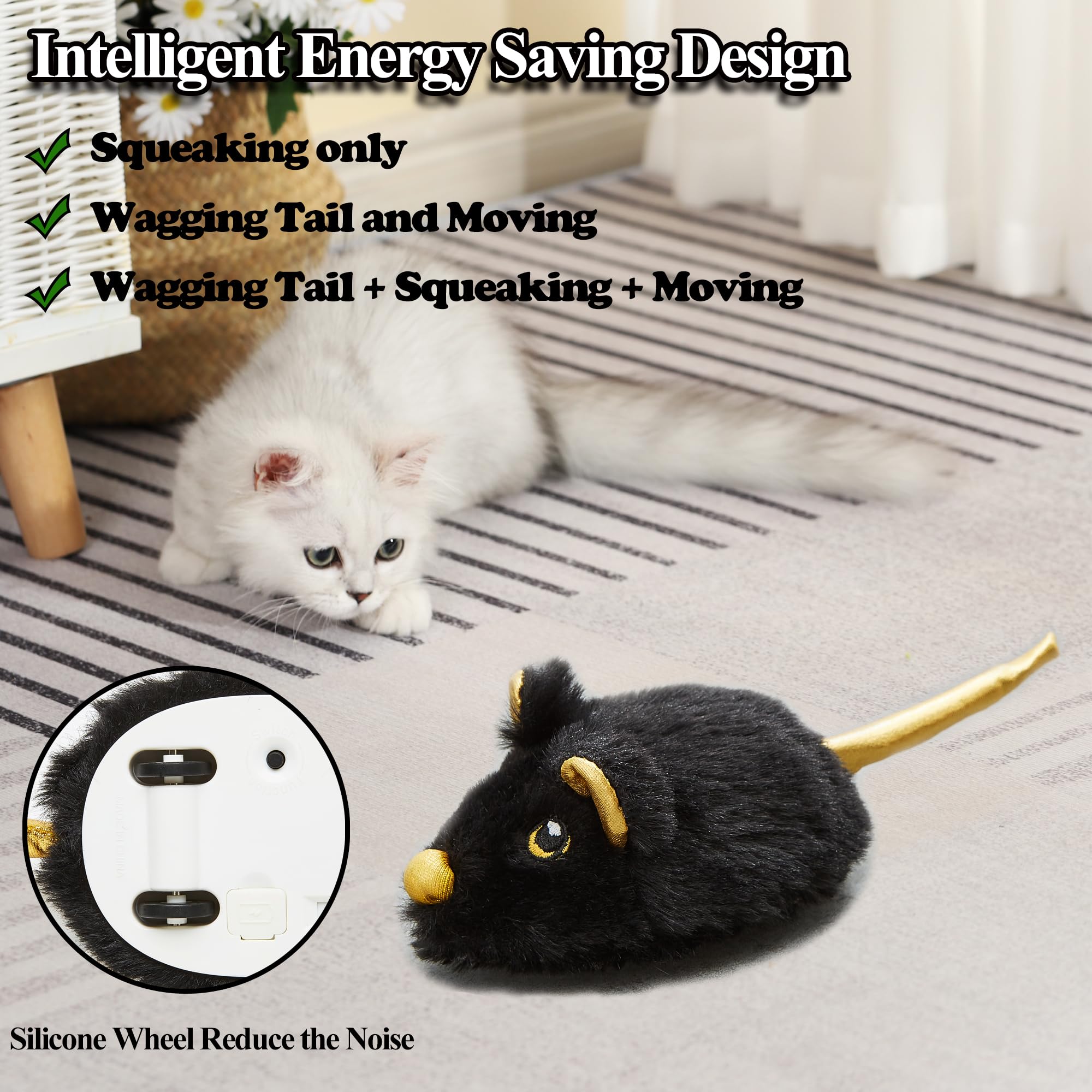 Vealind Cat Toys Rechargeable Mouse with Wagging Tail, Lifelike Squeak Chirping Electronic Mice for Indoor Cats, USB Touch Activated Kitten Toys (Black)