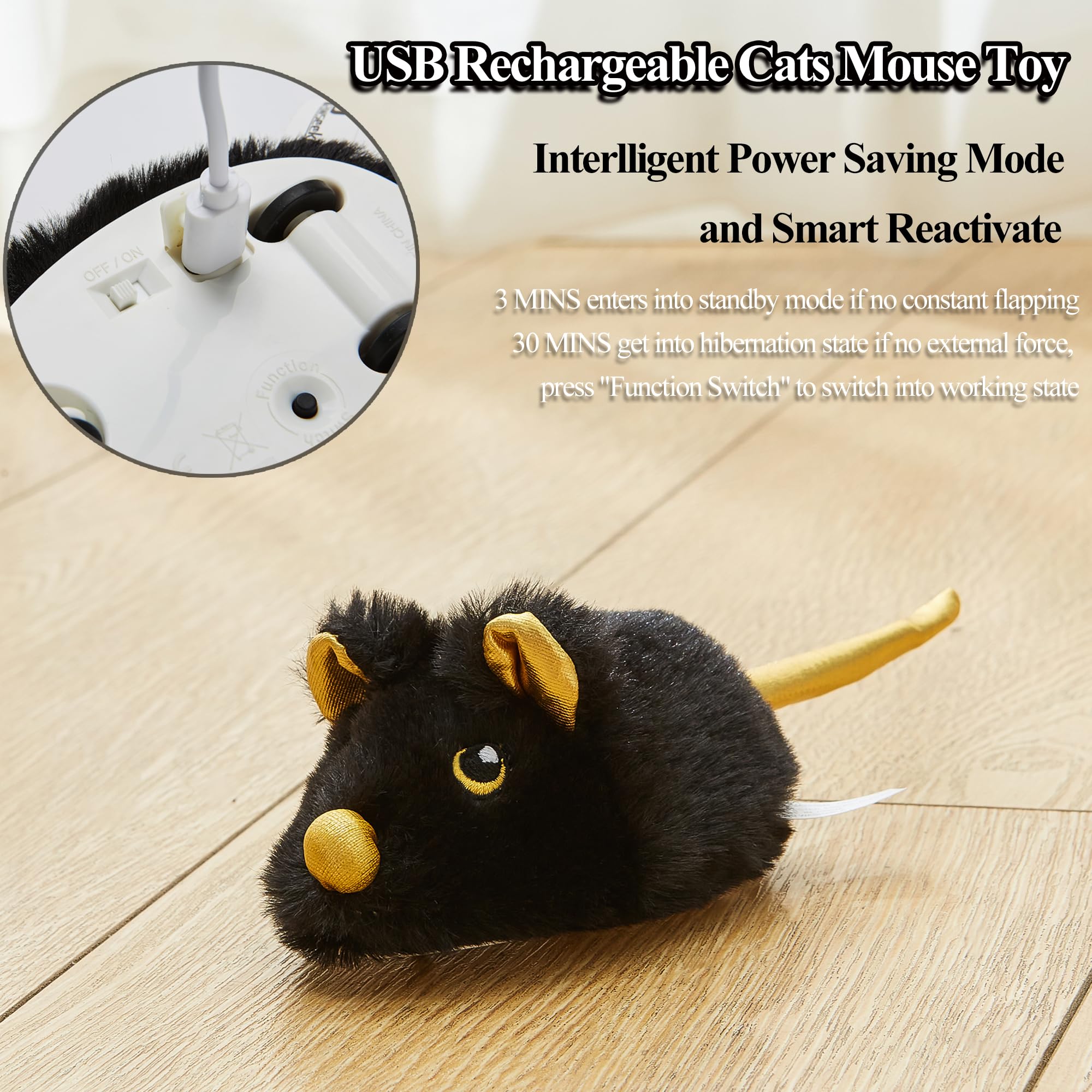 Vealind Cat Toys Rechargeable Mouse with Wagging Tail, Lifelike Squeak Chirping Electronic Mice for Indoor Cats, USB Touch Activated Kitten Toys (Black)