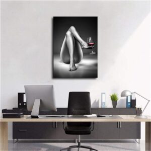 Canvas Wall Art Beauty Woman Wine Glass Painting Black White Beautiful Girl Pictures Modern Abstract Posters Prints Artwork Home Decor for Living Room Bedroom Bathroom (12×18inch-No Framed)