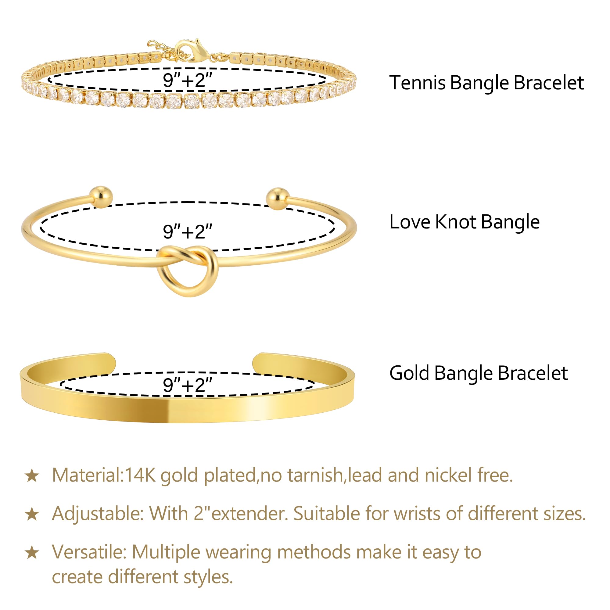 Zalcon Gold Knot Bangle Cuff Bracelet Set for Women Trendy 2024 Stack Gold Tennis Bracelets Jewelry for Women Non Tarnish