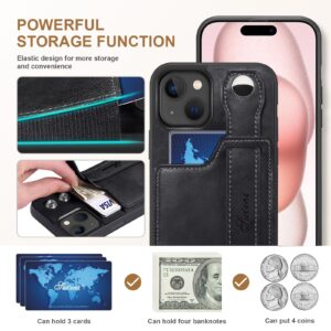 Hongxinyu for iPhone 15 2023 Case, PU Leather Wallet Case Back with Elastic Card Slot Magnetic Clasp Kickstand Hand Strap Protective Cover for iPhone 15 (Black)