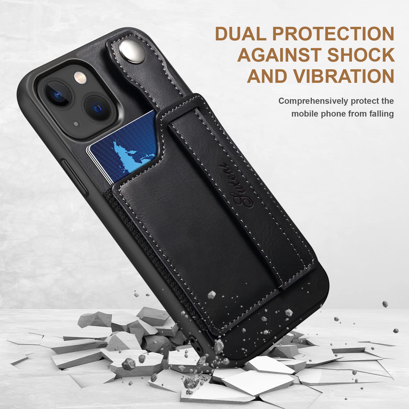 Hongxinyu for iPhone 15 2023 Case, PU Leather Wallet Case Back with Elastic Card Slot Magnetic Clasp Kickstand Hand Strap Protective Cover for iPhone 15 (Black)