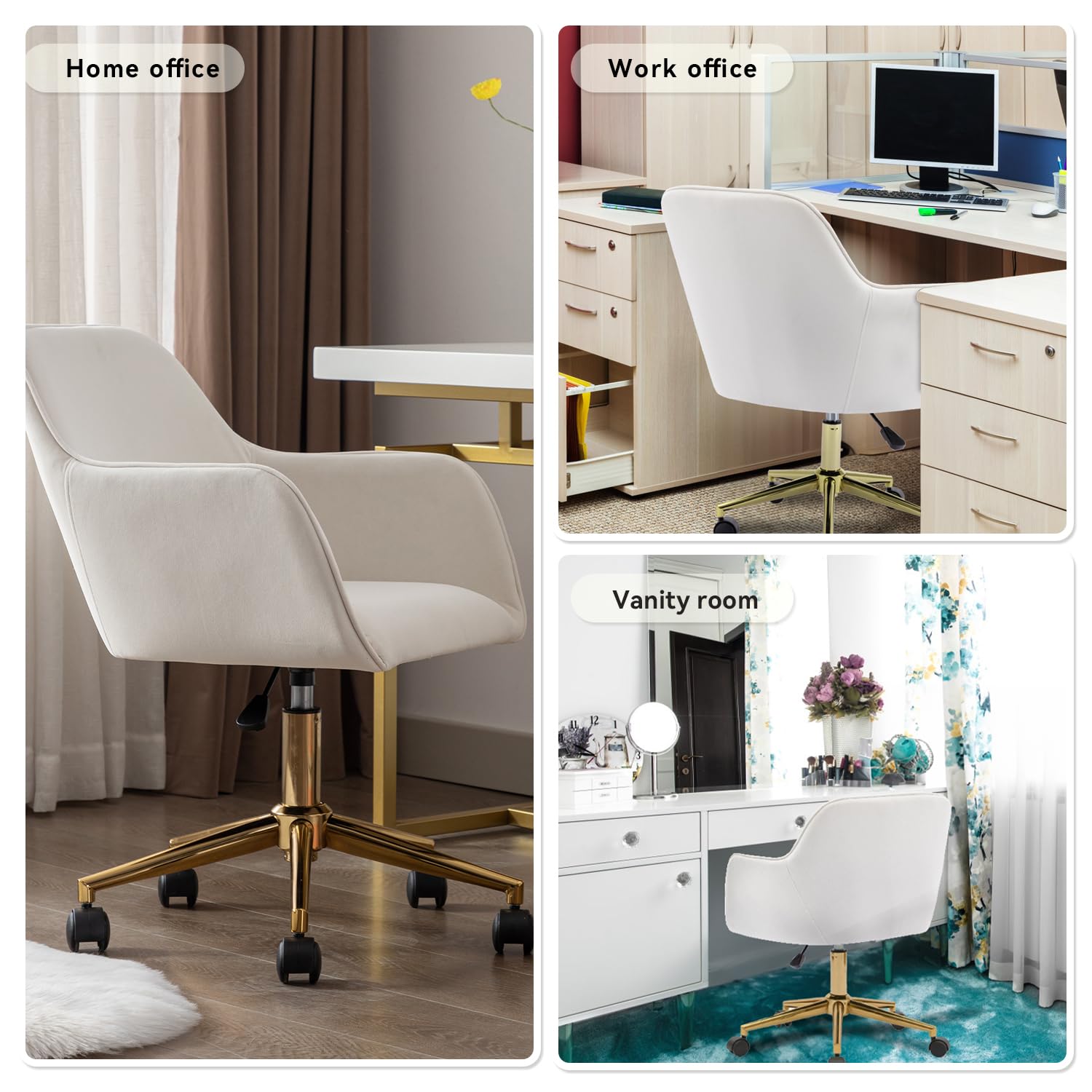 ERILEWE COLLECTION Velvet Home Office Chair, Cute Swivel Desk Chair with Wheels, Modern Rolling Adjustable Vanity Chair with Gold Base for Home Office, Vanity Room，Bedroom