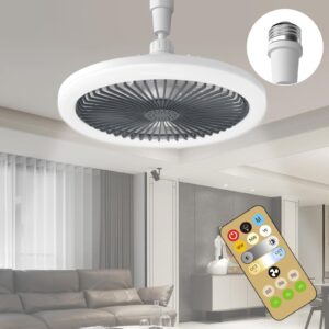 ceiling fan with light and remote - 10 inch low profile socket fan e27 enclosed bladeless screw in ceiling fan with 3 color adjustable temperature small modern fandelier ceiling fan for indoor (grey)