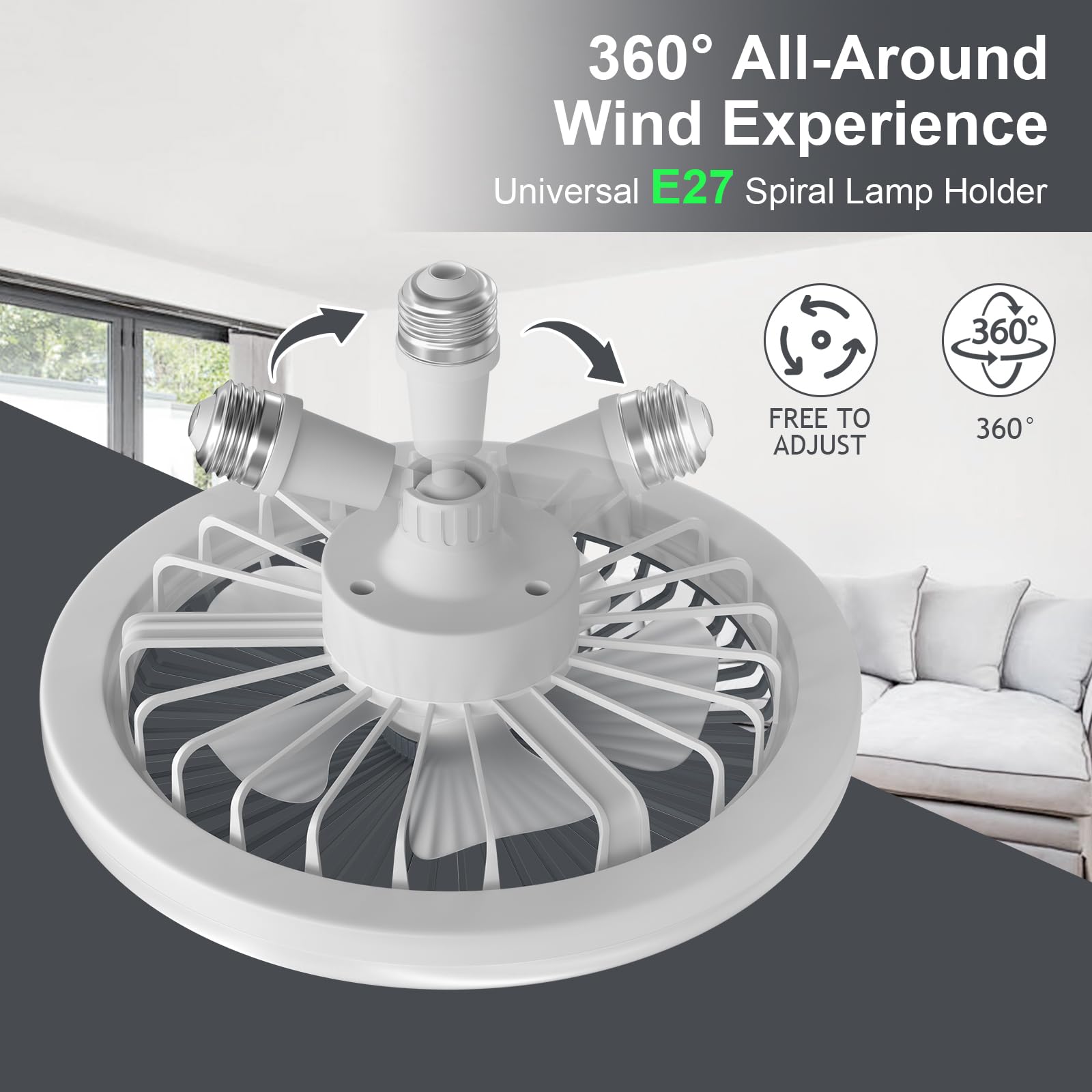 Ceiling Fan with Light and Remote - 10 inch Low Profile Socket Fan E27 Enclosed Bladeless Screw in Ceiling Fan with 3 Color Adjustable Temperature Small Modern Fandelier Ceiling Fan for Indoor (Grey)