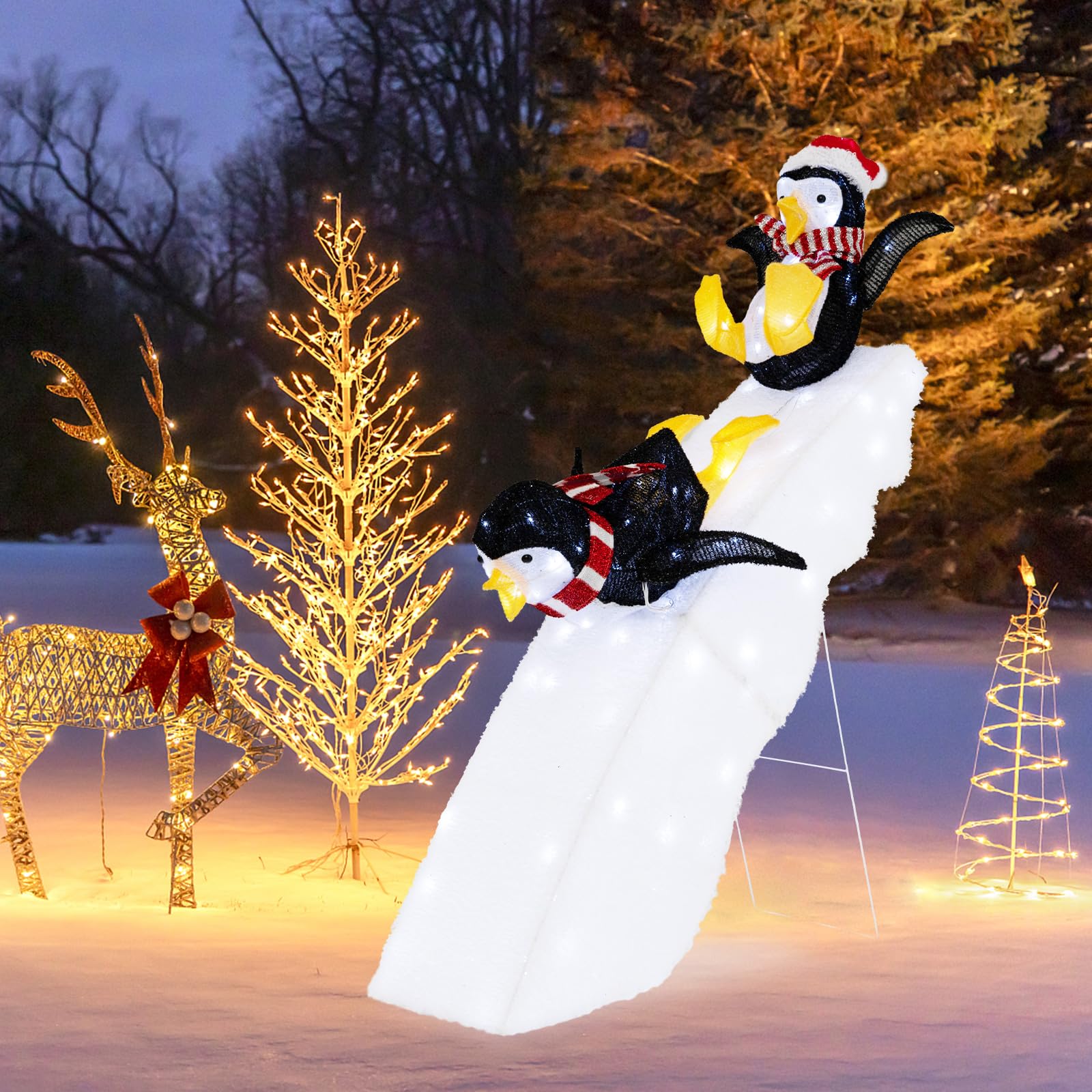 Tangkula 4 FT Lighted Christmas Penguin Slide Scene Decoration, 2 Sliding Penguins & Snowy Slide, Pre-Lit Christmas Penguin & Slide with LED Lights, Stakes, Indoor Outdoor Yard Decor