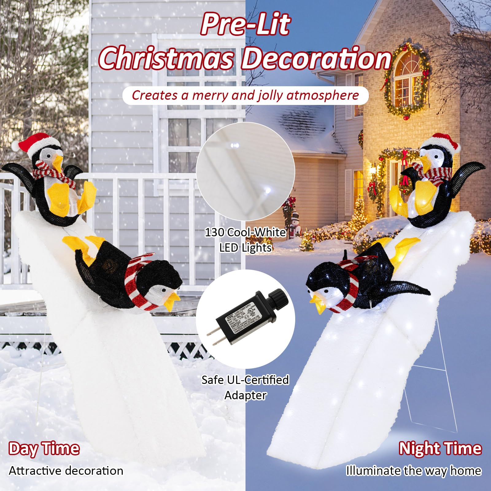 Tangkula 4 FT Lighted Christmas Penguin Slide Scene Decoration, 2 Sliding Penguins & Snowy Slide, Pre-Lit Christmas Penguin & Slide with LED Lights, Stakes, Indoor Outdoor Yard Decor