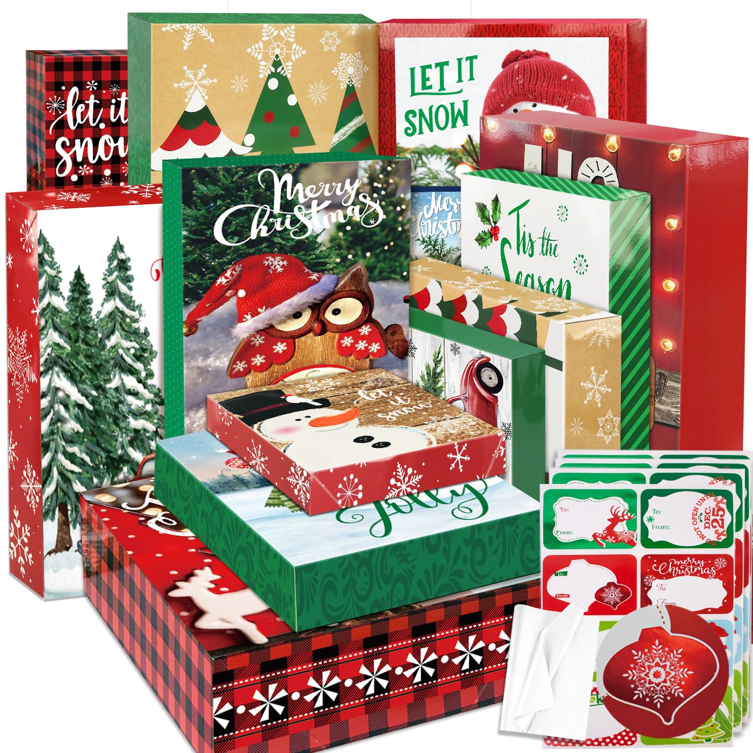 12 Christmas Gift Wrap Boxes Bulk with Lids for Wrapping Extra Large Clothes,12 tissue paper and 80 Christmas Stickers(Assorted size for Shirts, Robes, Coats, Sweaters and xmas Holiday Present)