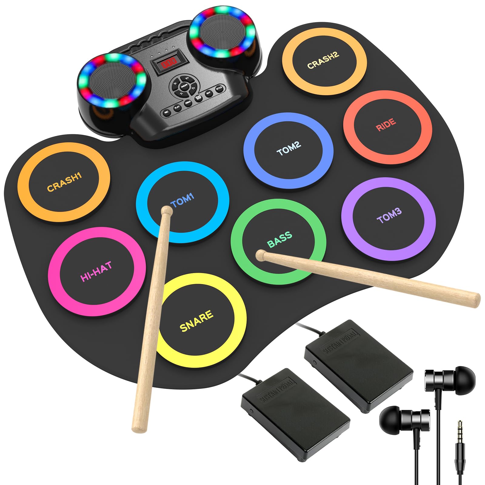 ROCKSOCKI Electronic Drum Set 9Pads with LED Lights, Bluetooth Portable Electronic Drum Kit, Roll-Up Practice Drum Pad, Built-in Dual Speakers, Headphone, Holiday Birthday Gift for Kids Adults