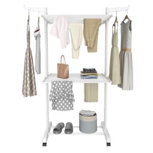 bigzzia 3 tier clothes drying rack, 57 inch laundry drying rack, foldable stainless steel kids clothing rack, movable laundry rack for indoor outdoor - white