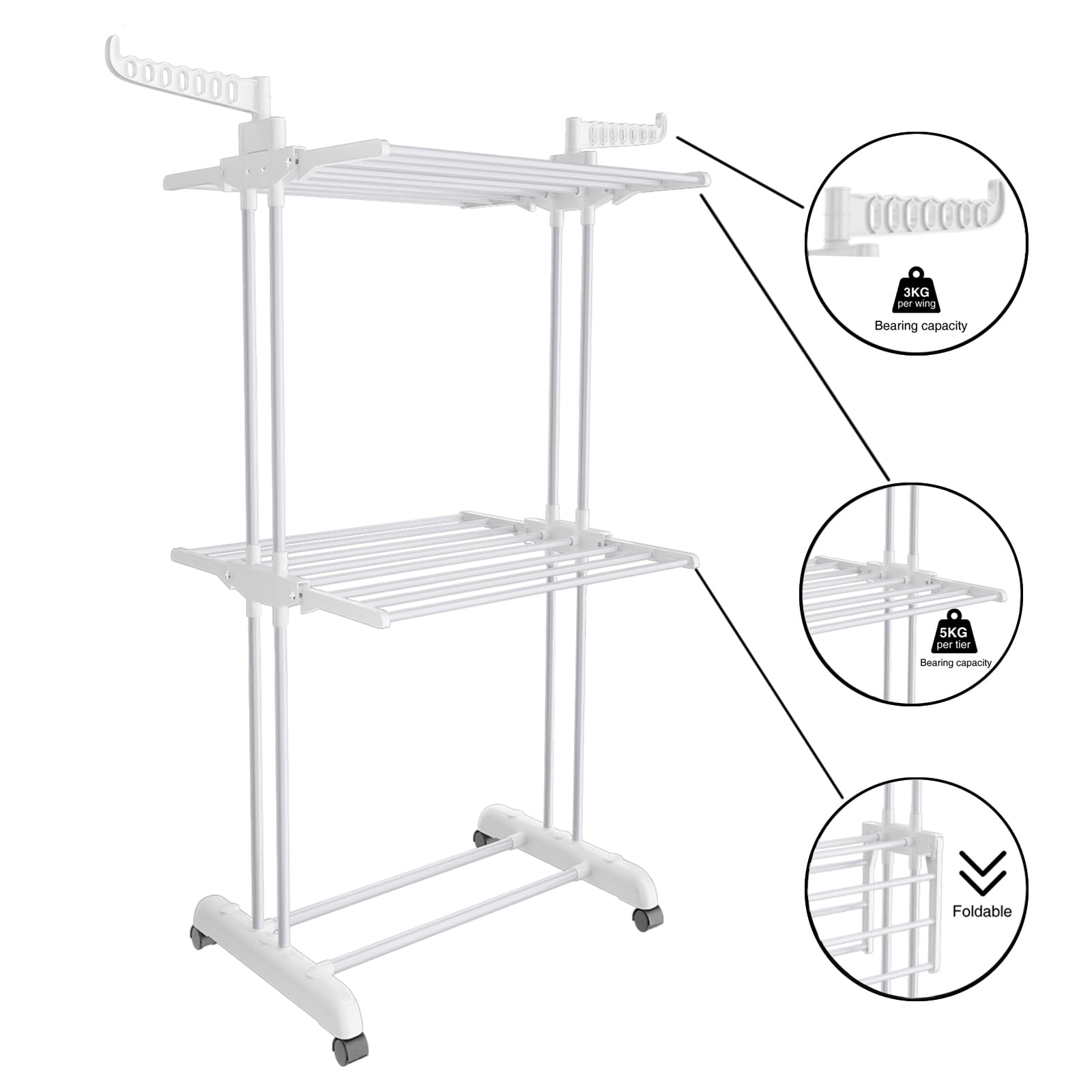 Bigzzia 3 Tier Clothes Drying Rack, 57 Inch Laundry Drying Rack, Foldable Stainless Steel Kids Clothing Rack, Movable Laundry Rack for Indoor Outdoor - White