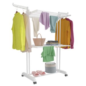 Bigzzia 3 Tier Clothes Drying Rack, 57 Inch Laundry Drying Rack, Foldable Stainless Steel Kids Clothing Rack, Movable Laundry Rack for Indoor Outdoor - White