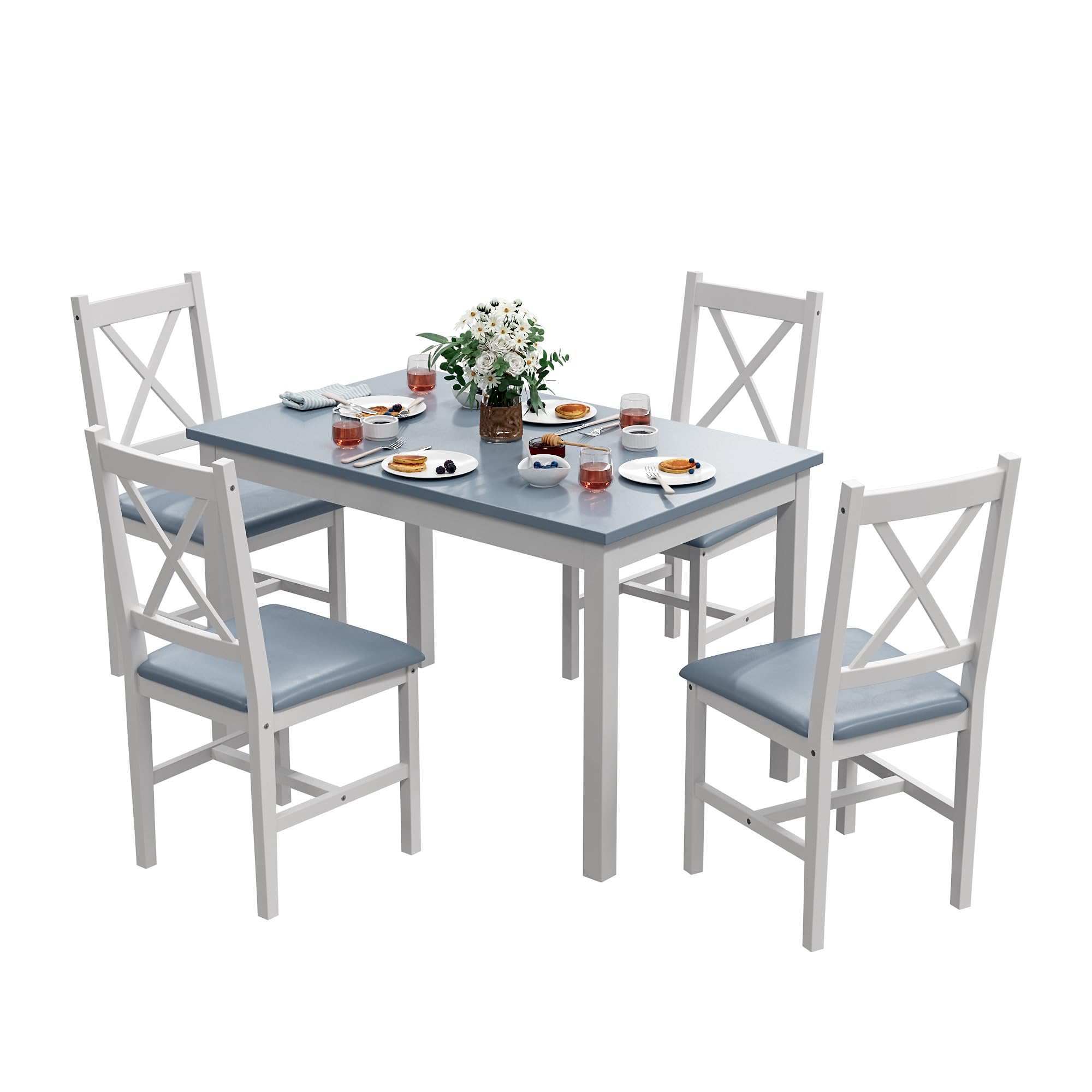 Lumelay Dining Table Set for 2-4 Person,Morden Wooden Small Kitchen Table Set,5 Piece Breakfast Dining Room Table and Upholstered Chairs for Apartment,Space-Saving Design (Blue)