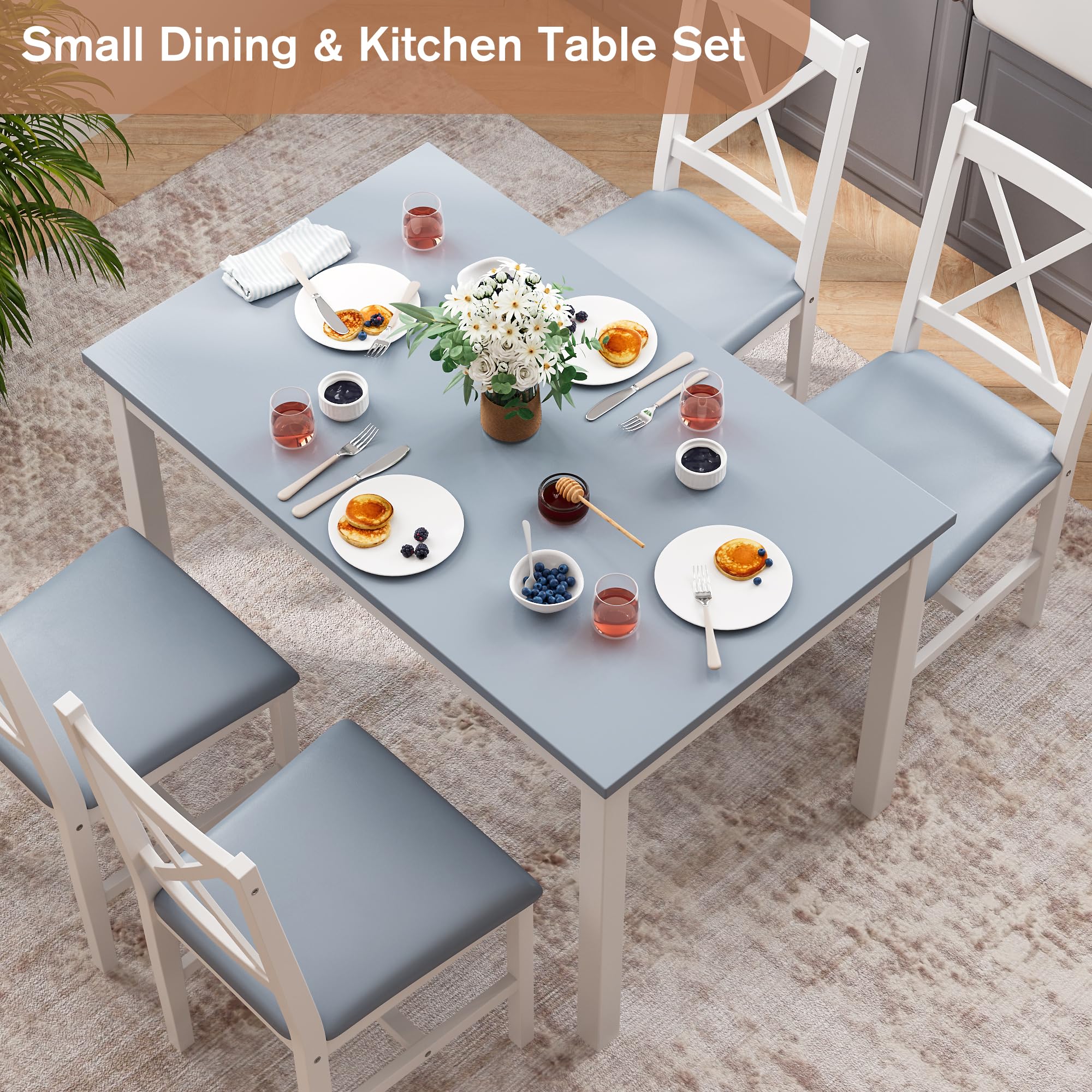 Lumelay Dining Table Set for 2-4 Person,Morden Wooden Small Kitchen Table Set,5 Piece Breakfast Dining Room Table and Upholstered Chairs for Apartment,Space-Saving Design (Blue)