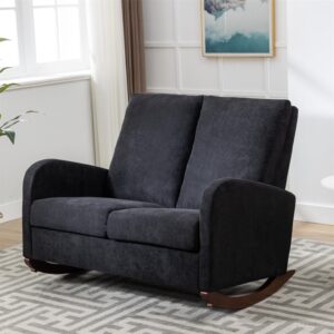 triple tree rocking chair with oversized wing back, extra wide rocking loveseat, mid century upholstered glider chair, armchair for living room,apartment, weight capacity 300 lbs, black