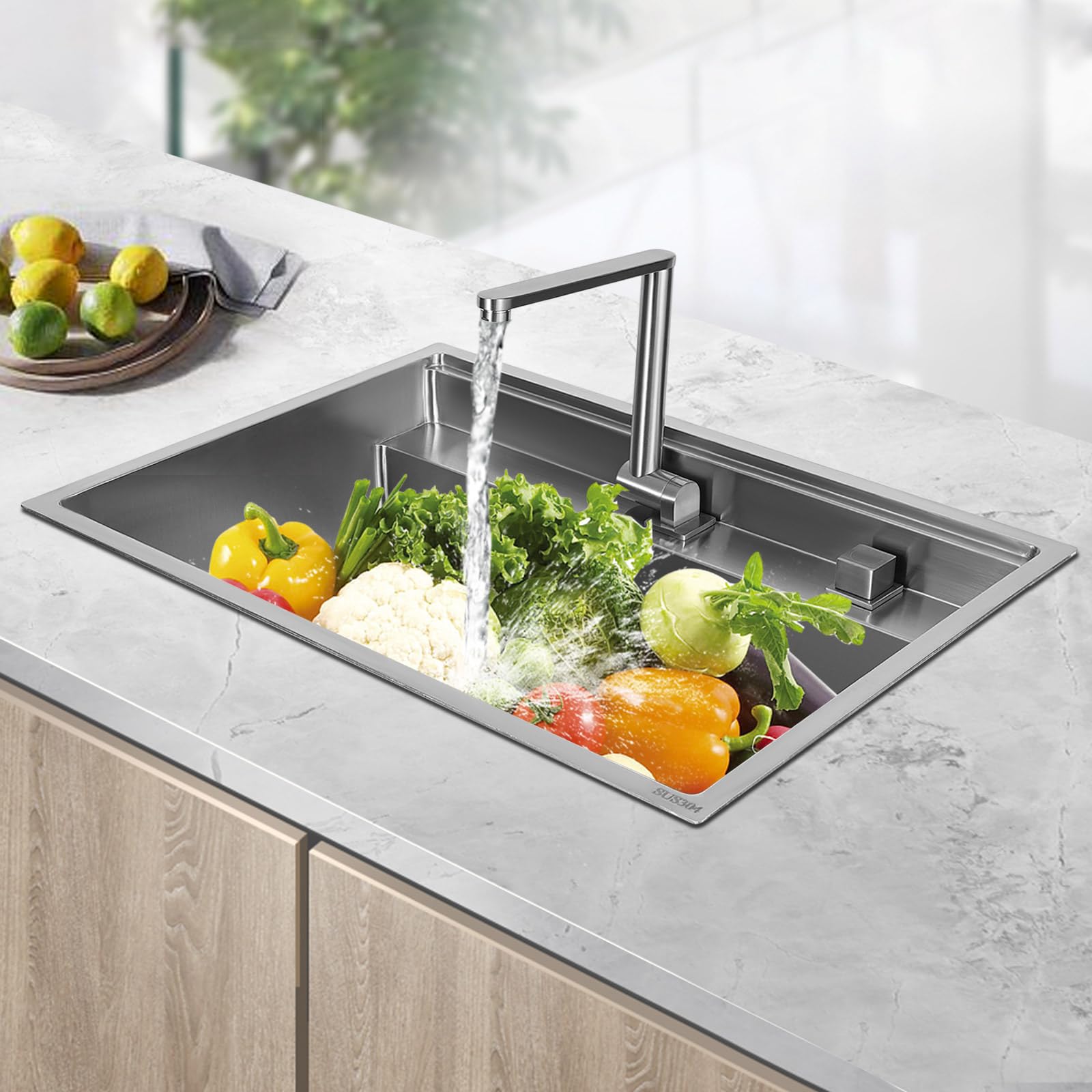 BANLICALI Hidden Single Bowl Sink, Commercial Rectangular Stainless Steel Kitchen Sink with Folding Faucet, Covers and Drain Kit, Drop-in Sink for Home, Bar, Restaurant Silver 26.7 * 17.3 * 9inch