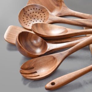 YOVAIN High-end Kitchenware Set, Natural acacia Wood Kitchenware Set Spatula, Colander, salad spoon, soup spoon, salad fork, three-wire spatula, large wooden spatula. Paint free household kitchenware