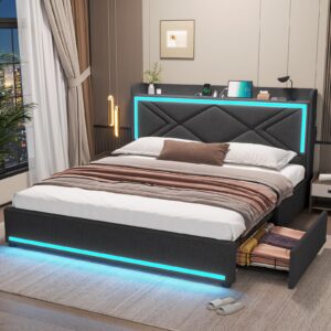 hauoms queen bed frame with stoarge drawers and led lights, upholstered platform bed with type-c & usb charging station, led bed frame queen with storage headboard, no box spring needed, dark grey