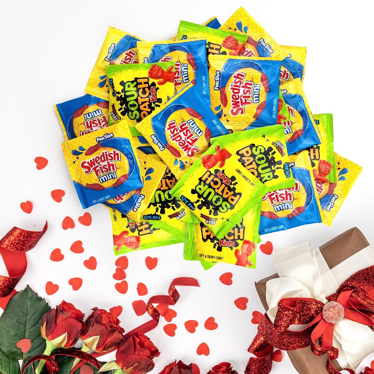 Valentine’s Day SourPatchKids Swedish Fish Candy Bulk for Romantic Sweet Indulgence - Individually Wrapped Mini Mix Variety Pack for Kids, Include 22 Gummy Treat Fun Size Bags, 9.7oz (44Count)