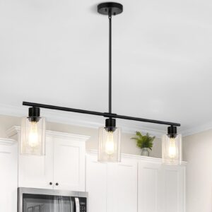 kmaipem kitchen island lighting, 3 lights black linear chandelier with glass shade, industrial kitchen pendant lighting over island, modern chandelier for dining living room bar pool table light