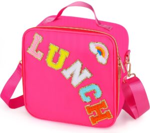 urskytous insulated lunch bag for women girl kid teen preppy large thermal freezable lunch box cute hot pink big reusable kawaii waterproof lunch tote cooler bag with chenille letter for school office