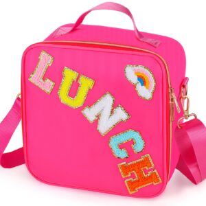 URSKYTOUS Insulated Lunch Bag for Women Girl Kid Teen Preppy Large Thermal Freezable Lunch Box Cute Hot Pink Big Reusable Kawaii Waterproof Lunch Tote Cooler Bag with Chenille Letter for School Office