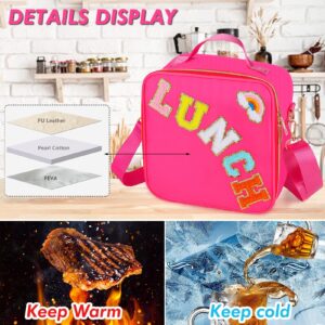 URSKYTOUS Insulated Lunch Bag for Women Girl Kid Teen Preppy Large Thermal Freezable Lunch Box Cute Hot Pink Big Reusable Kawaii Waterproof Lunch Tote Cooler Bag with Chenille Letter for School Office