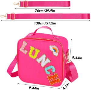 URSKYTOUS Insulated Lunch Bag for Women Girl Kid Teen Preppy Large Thermal Freezable Lunch Box Cute Hot Pink Big Reusable Kawaii Waterproof Lunch Tote Cooler Bag with Chenille Letter for School Office