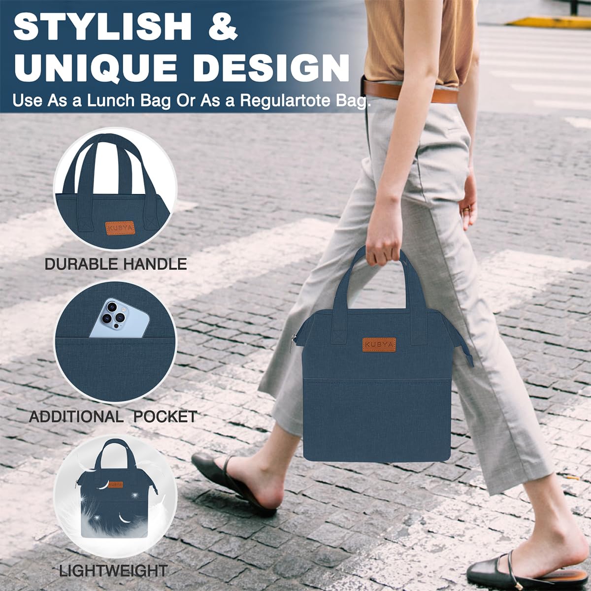 KUBYA Lunch Bag Simple Lunch Box for Women Men Insulated Lunch Bag & 1 Storage bag Simple Reusable Lunch Tote Bag for Work, Picnic Beach or Travel (DENIM)